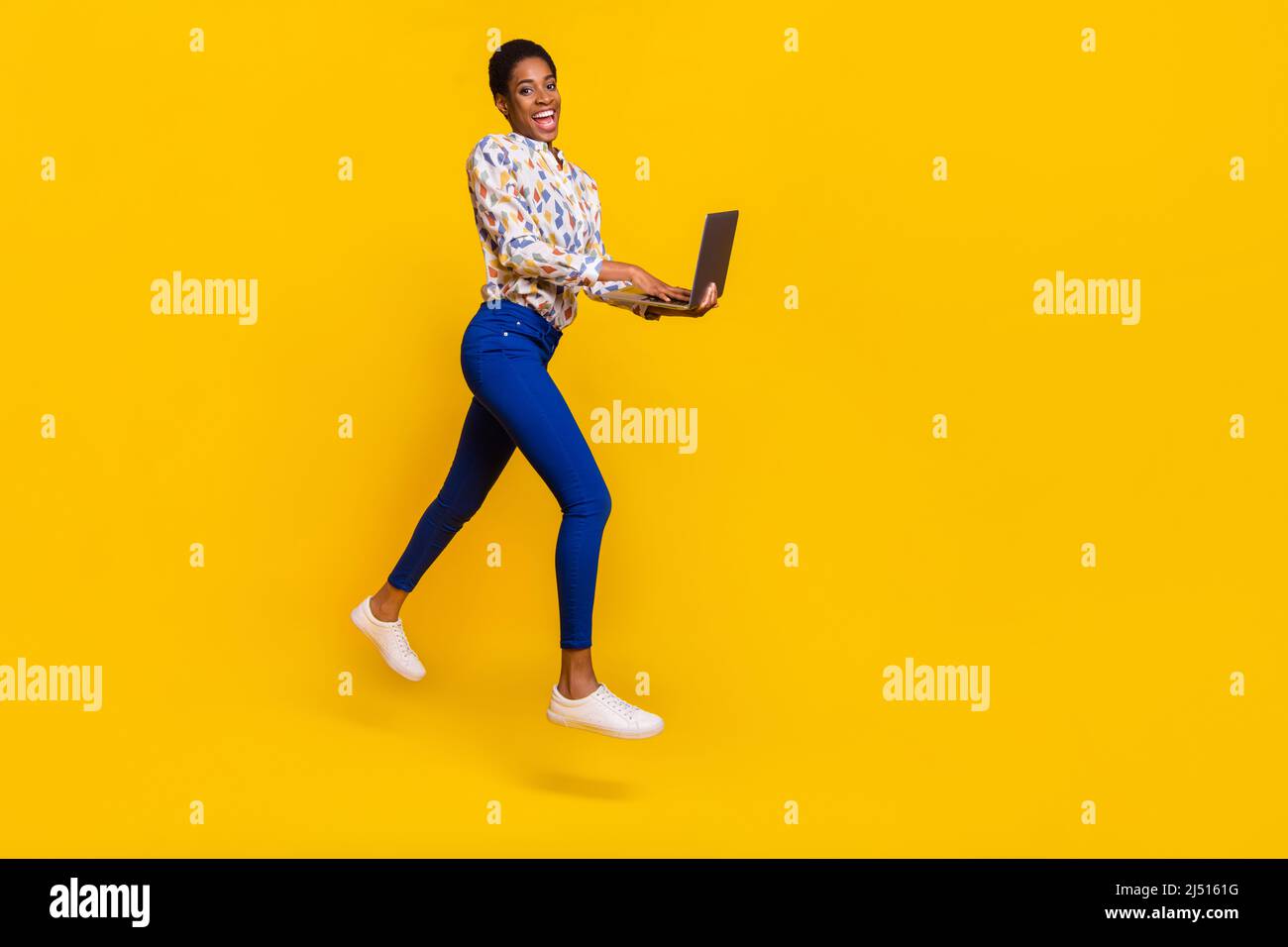 Full size profile portrait of active programmer person use wireless ...