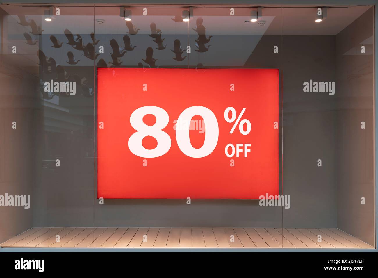 80 percent discount - red billboard banner on sale shop window Stock ...