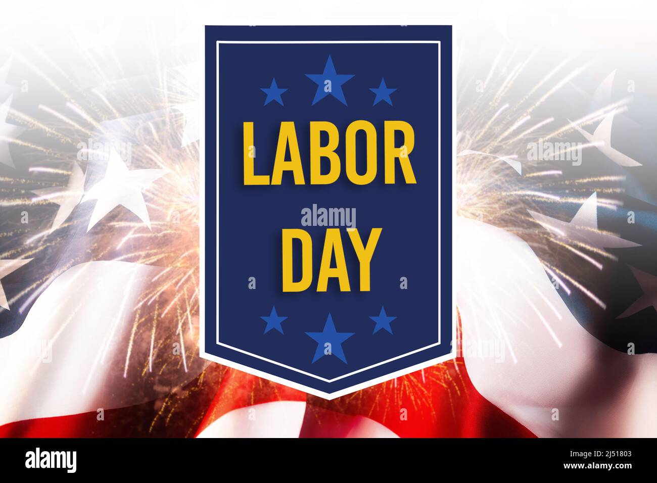 Blue sign of Labor Day on double exposure background with waving flag ...