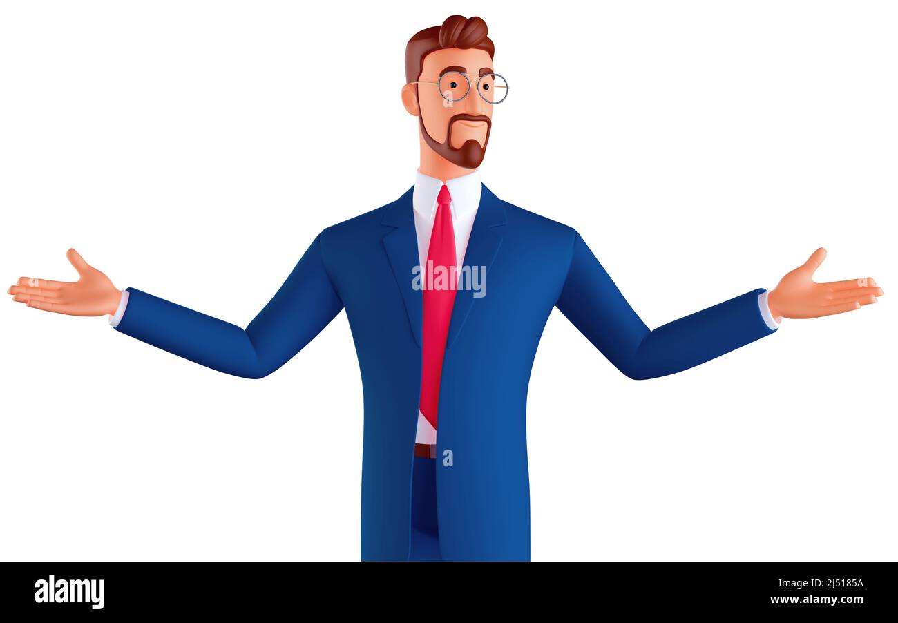 3 d cartoon character. Businessman smiling cheerfully with open arms as ...
