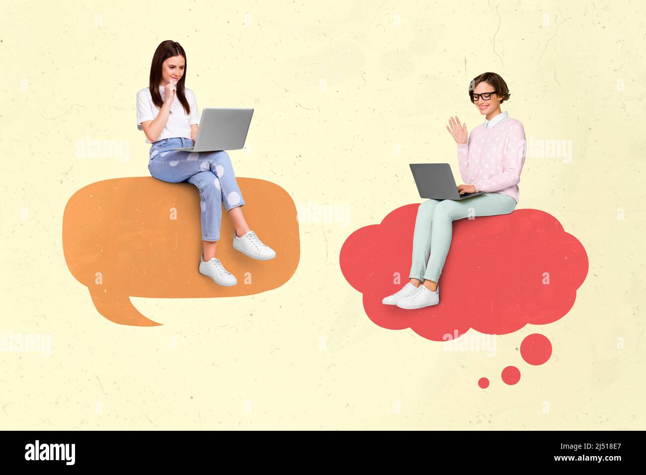 Creative illustration of two people use wireless netbook write typing ...
