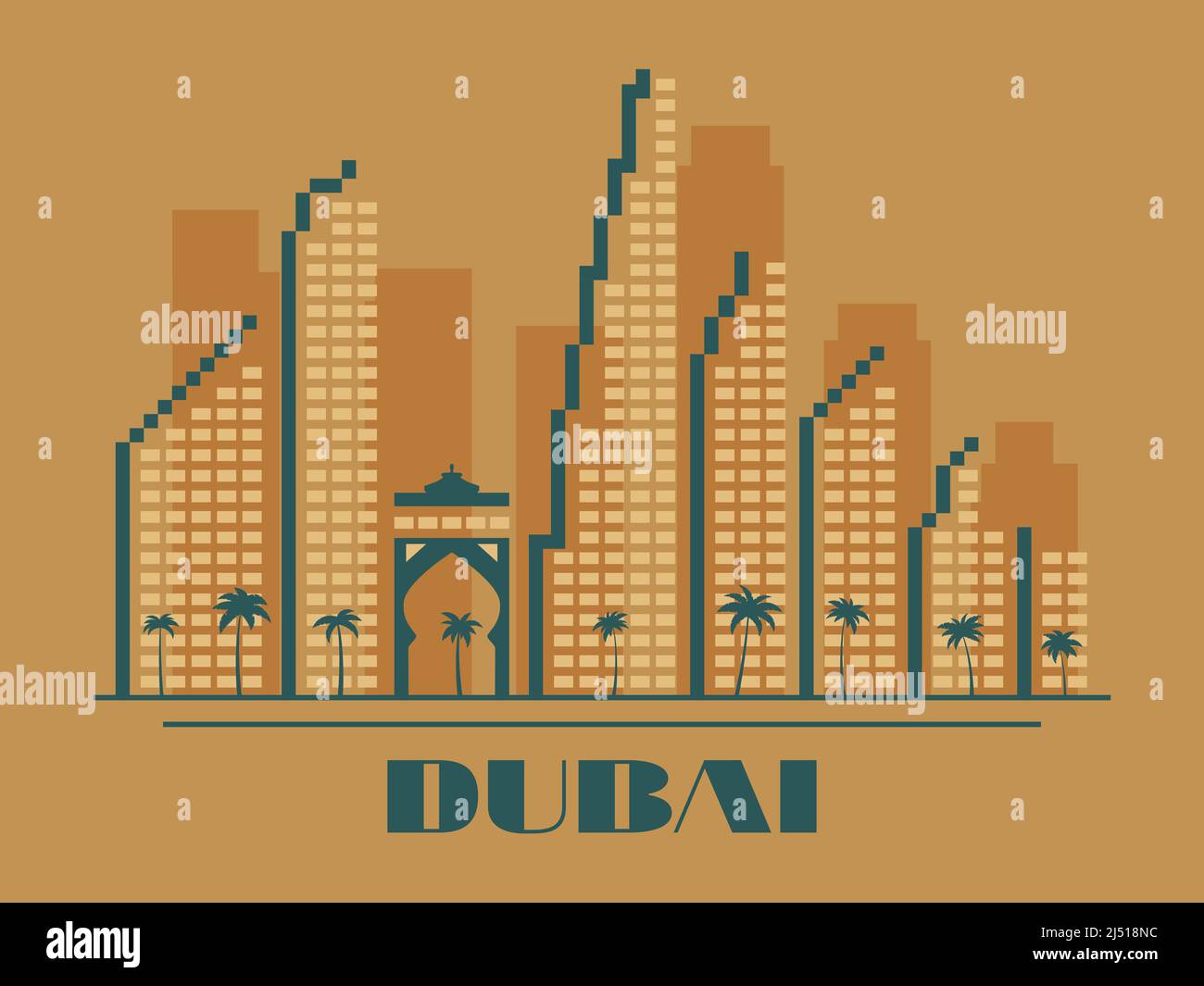 Dubai cityscape with skyscrapers and palm trees in vintage style. Dubai ...