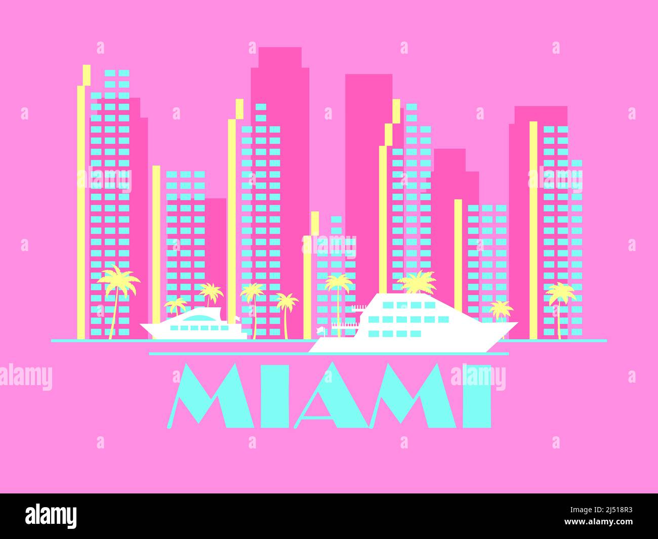 Miami landscape in vintage style. Skyscrapers with palm trees and ...