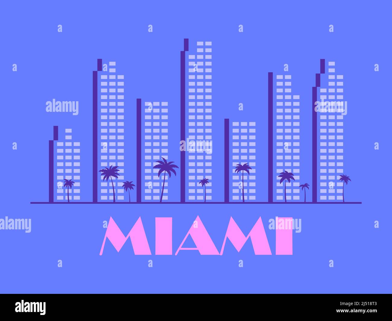 Miami landscape in vintage style. Skyscrapers with palm trees in line ...