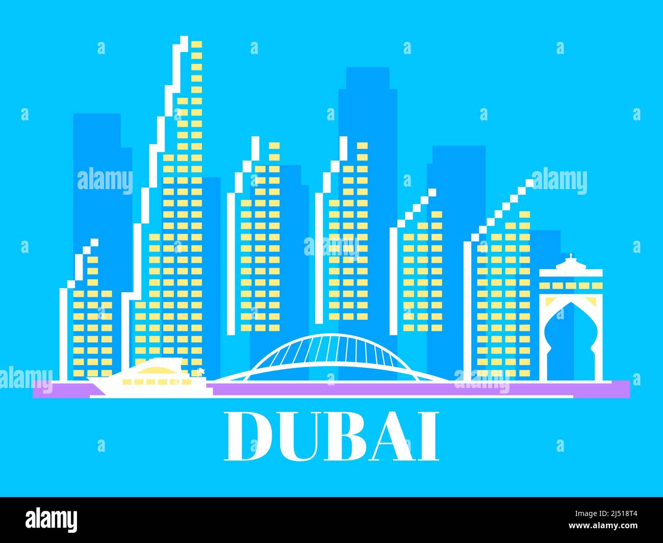 Dubai cityscape with skyscrapers, bridge, palm trees and yachts. Dubai ...