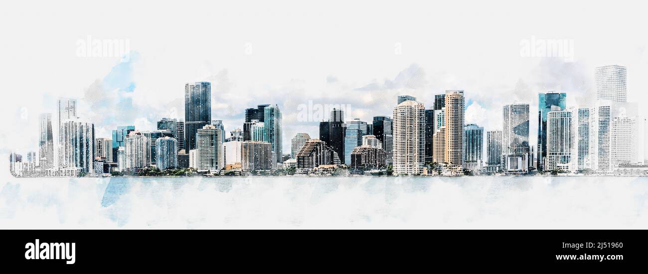 Watercolor digital illustration of Miami Downtown skyline isolated on ...