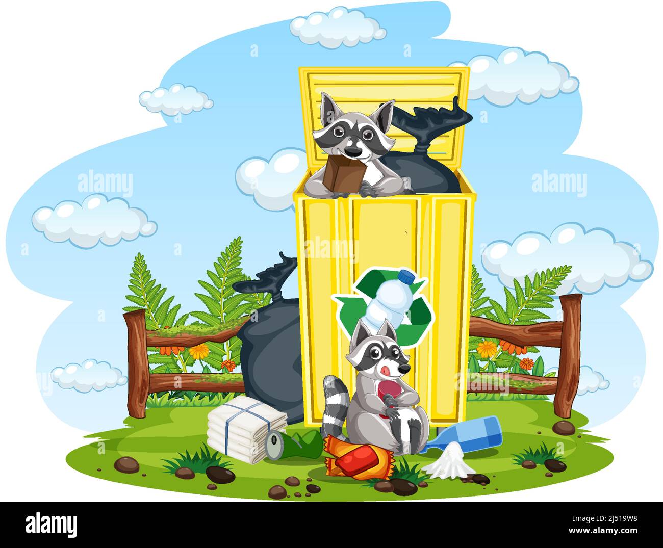 Scene with raccoons searching trash illustration Stock Vector Image ...