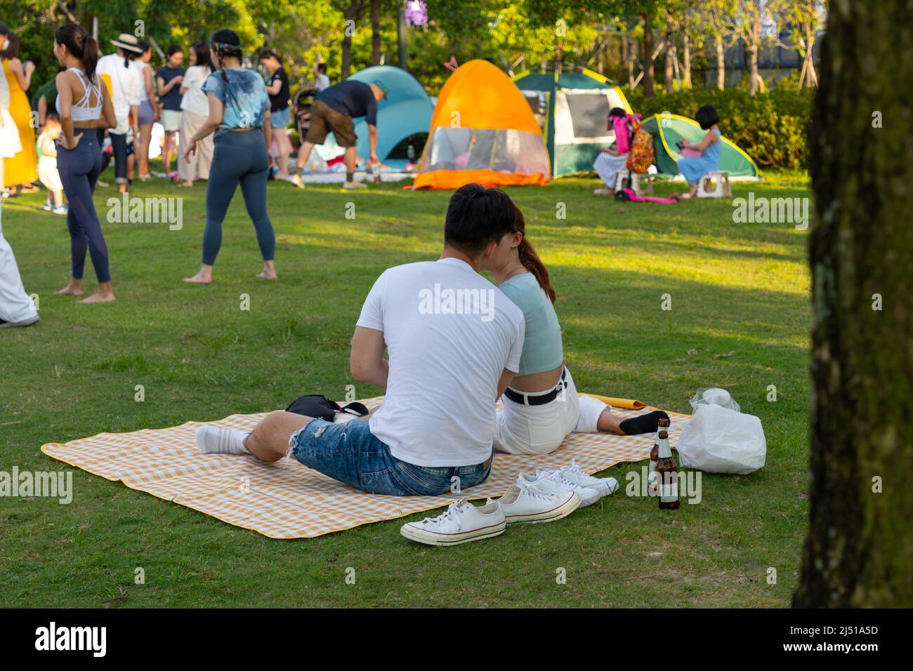 boy and girl friends sit under tree shadow on grass, kissing each other ...
