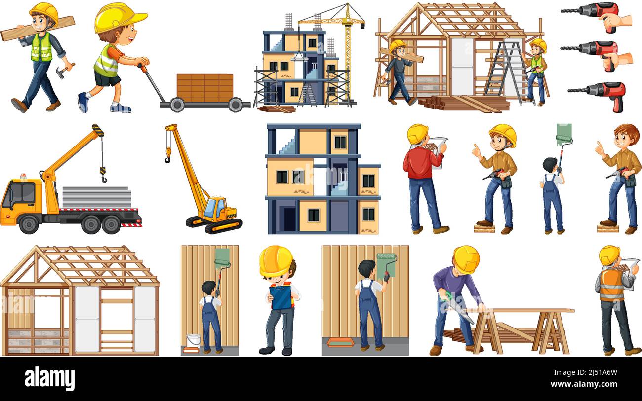 Set of construction site objects and workers illustration Stock Vector ...