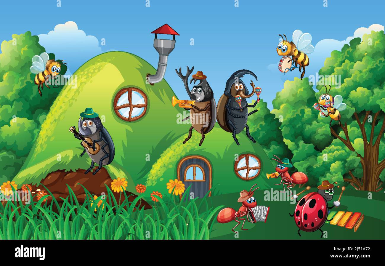 Nature scene with cartoon insects illustration Stock Vector Image & Art ...
