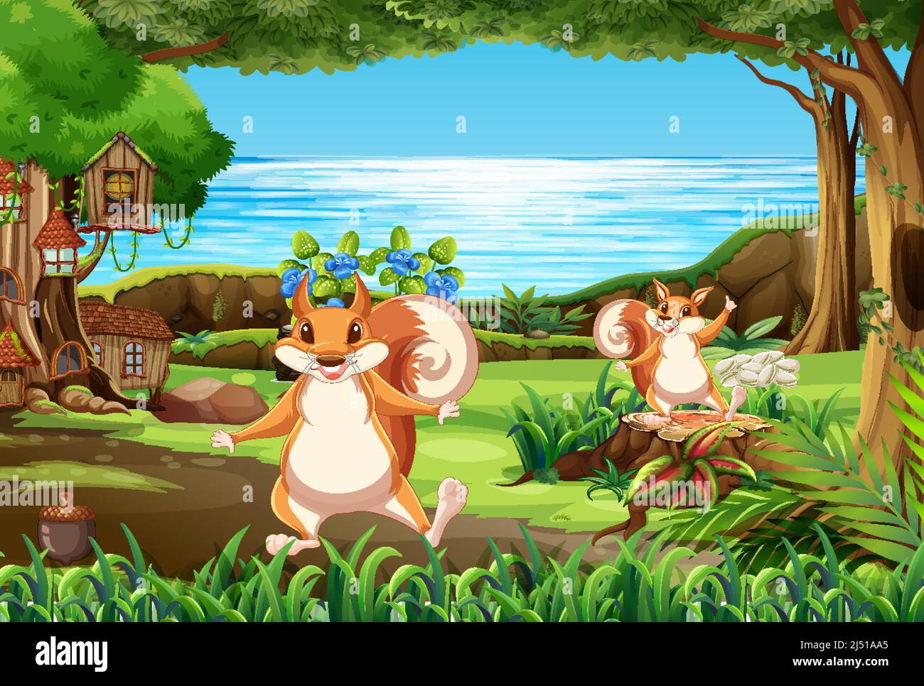 Nature Scene With Many Trees And Squirrels Illustration Stock Vector