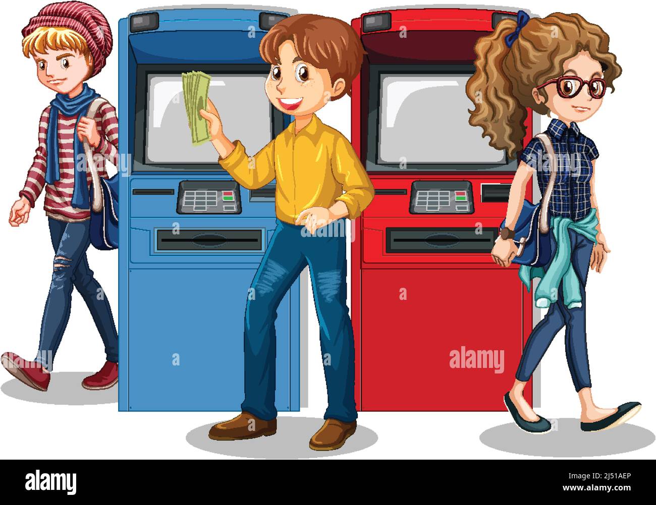 ATM machine with people cartoon character illustration Stock Vector ...
