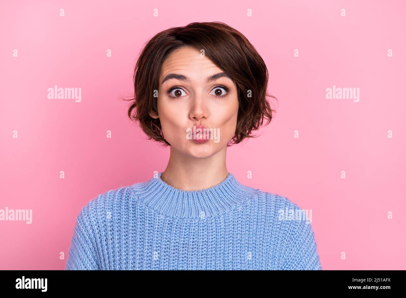 Portrait photo of adorable pretty female pout lips go on date with ...