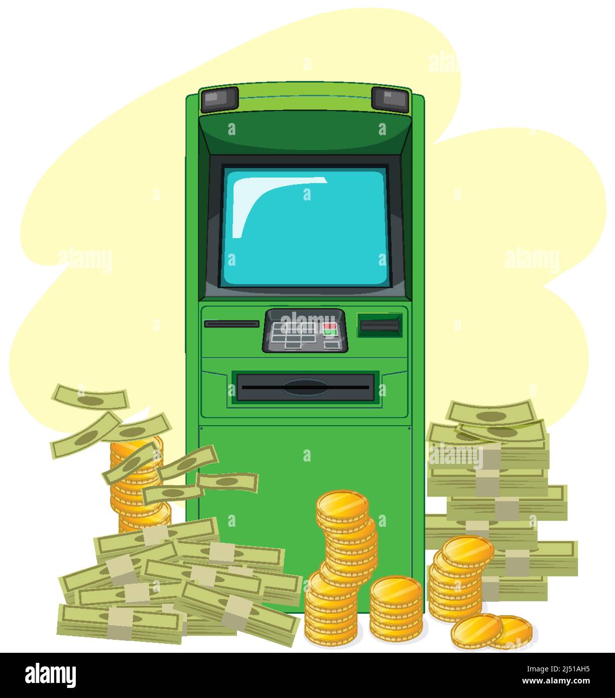 ATM machine with stack of coins and cash illustration Stock Vector ...