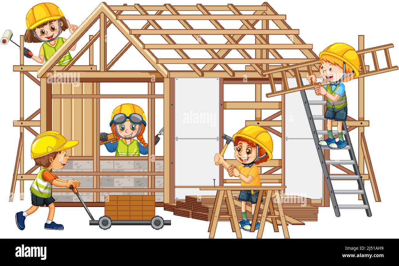 House construction site with cartoon workers illustration Stock Vector ...