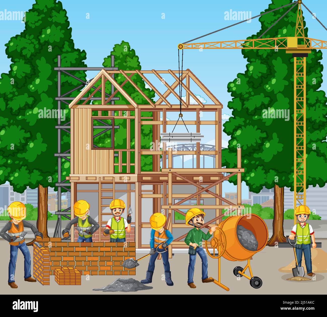 Construction site with workers illustration Stock Vector Image & Art ...