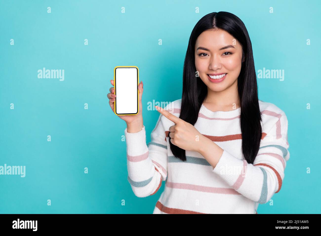 Photo of young charming woman suggest recommend you new cellphone model ...