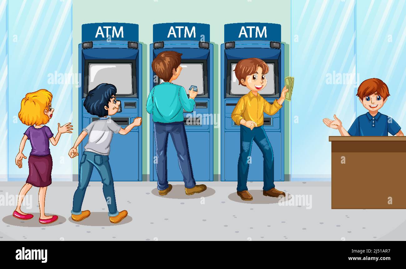 ATM bank scene with people cartoon character illustration Stock Vector ...
