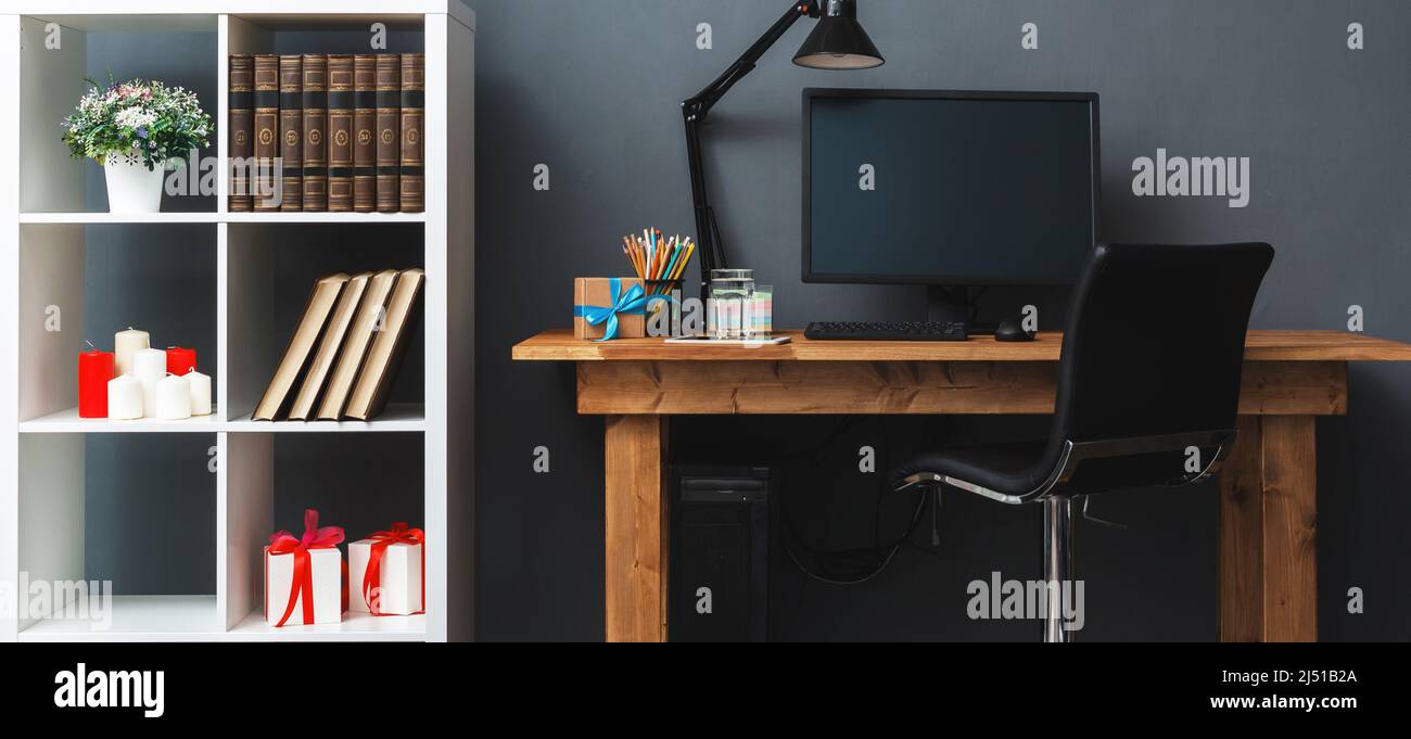Home workplace - desk with computer in the interior Stock Photo - Alamy