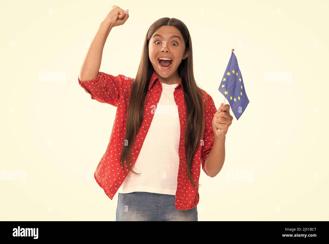 happy child football fan hold european union flag isolated on white ...