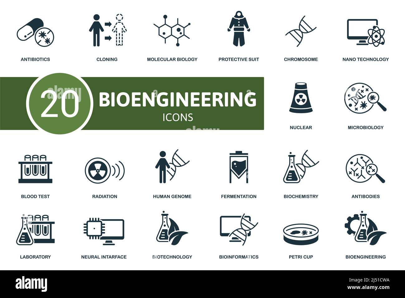 Bioengineering set icon. Contains bioengineering illustrations such as ...