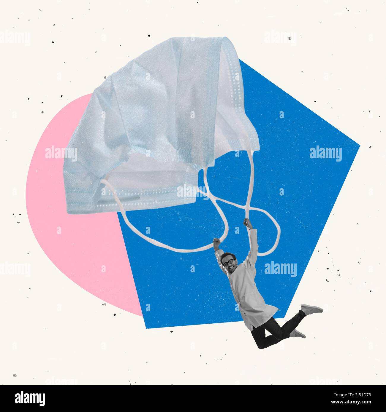 Contemporary art collage. Man flying on protective face mask like on ...