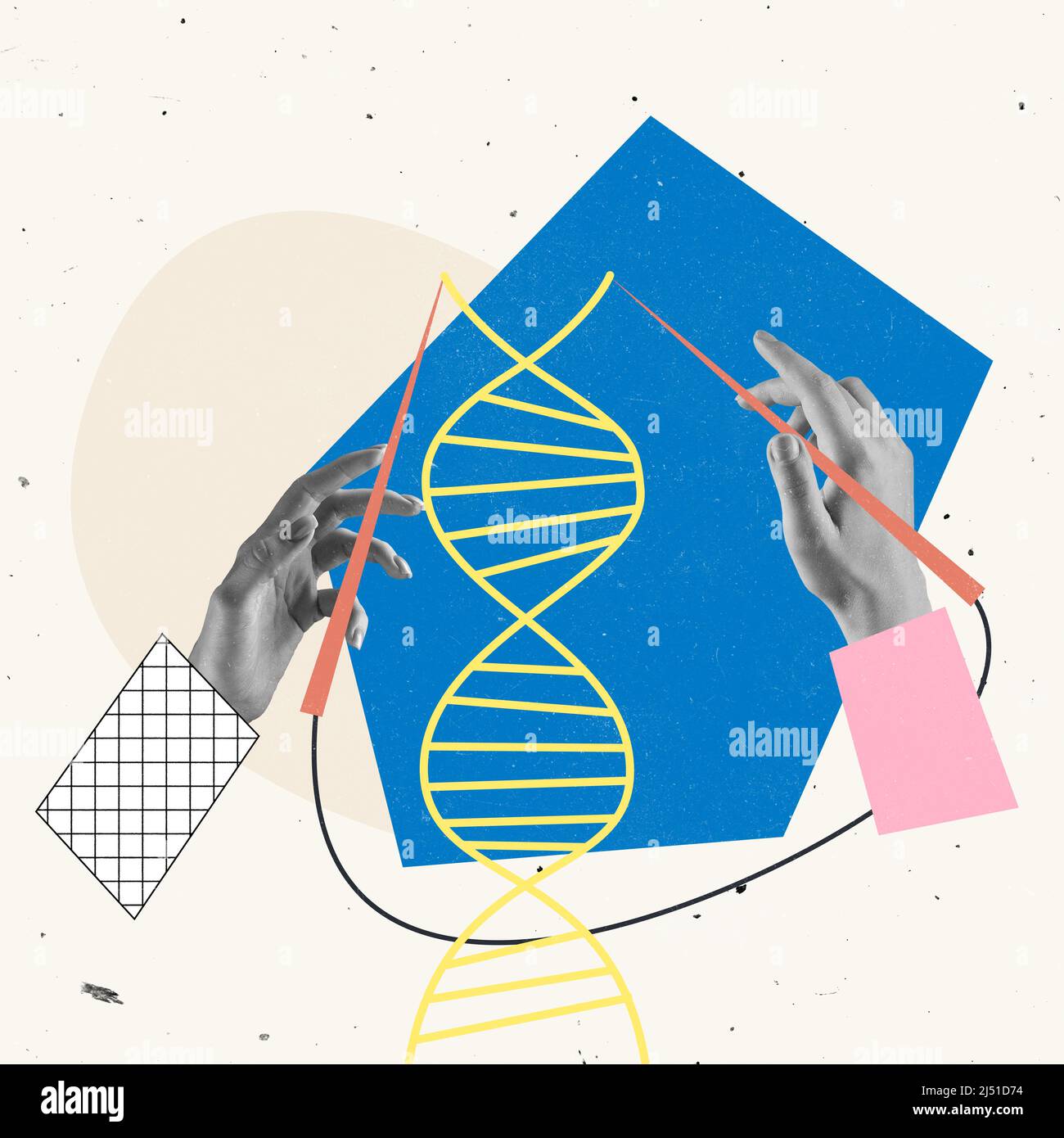 Contemporary art collage. Human hands over dna drawings, looking at ...