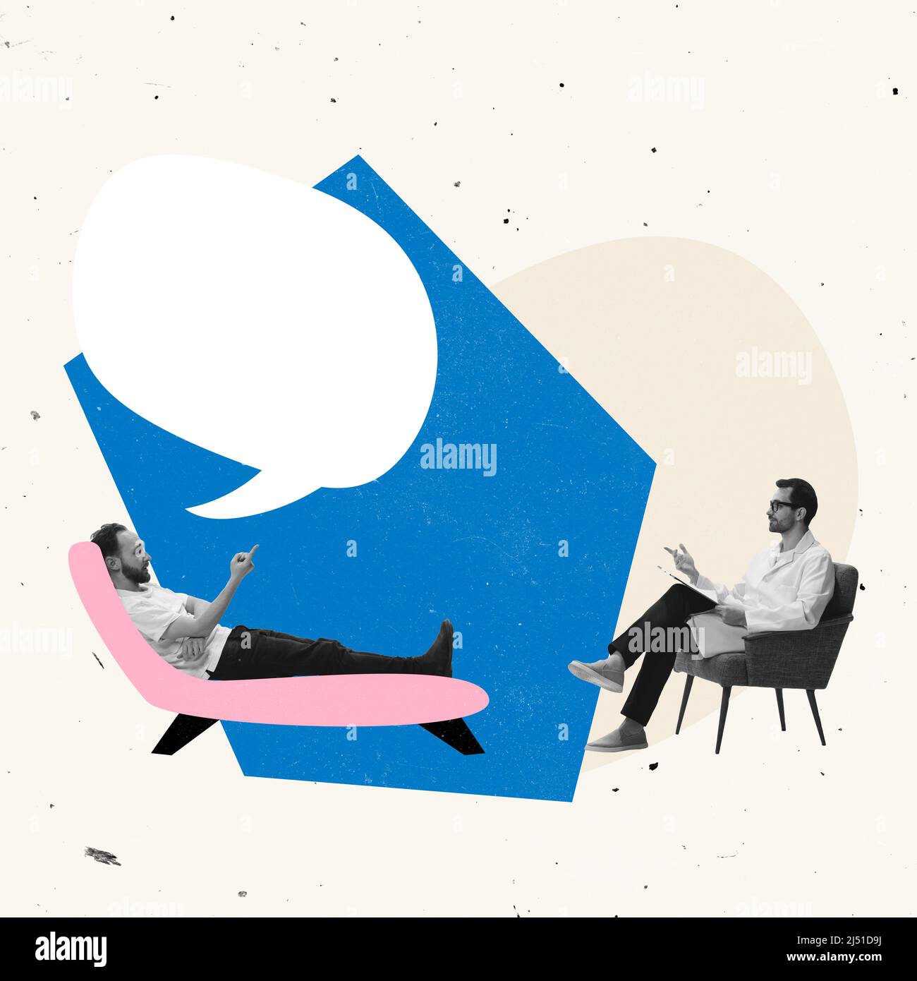 Contemporary art collage.Man having session with psychologist, talking ...