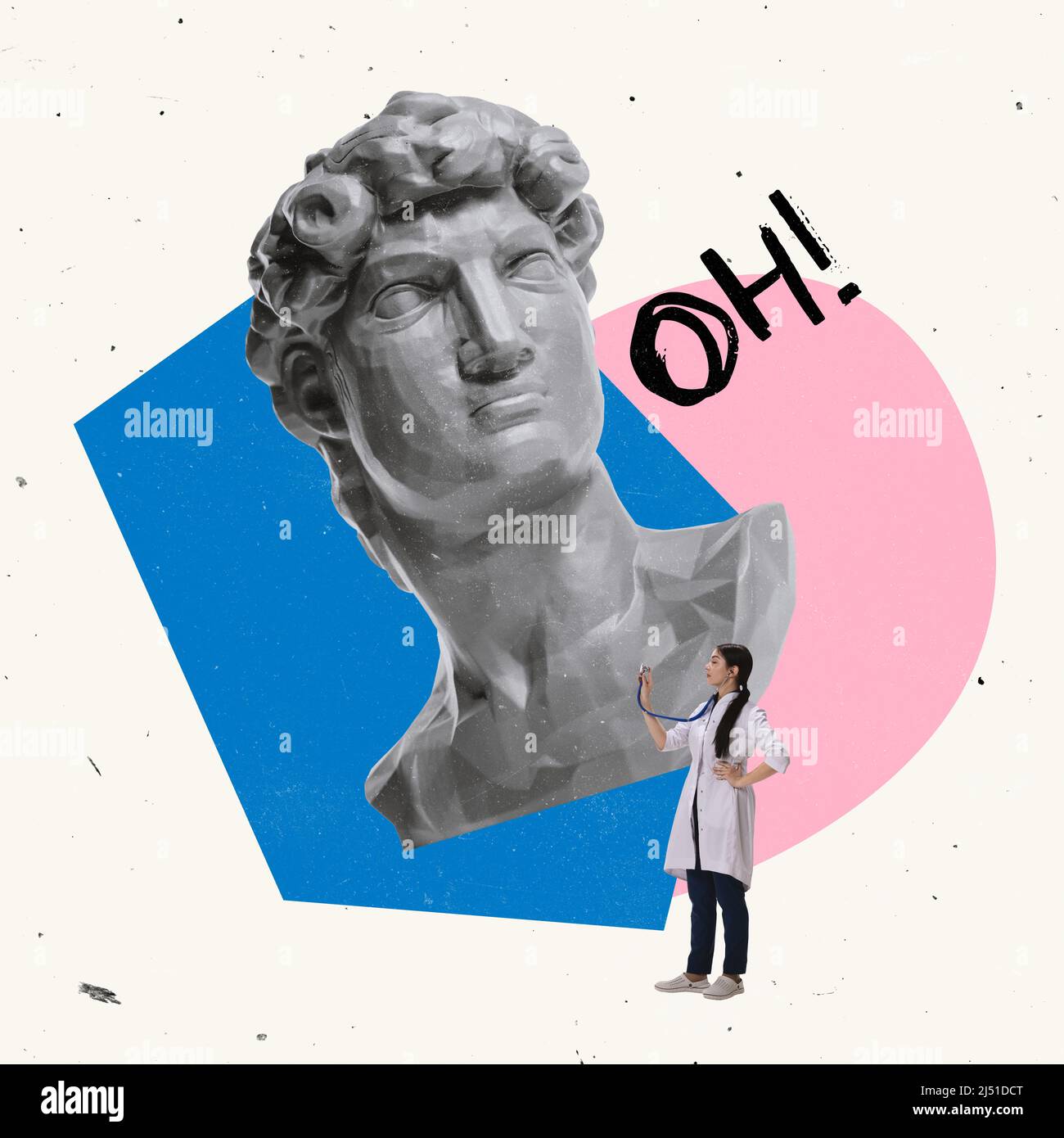Contemporary art collage. Doctor standing near giant antique statue ...