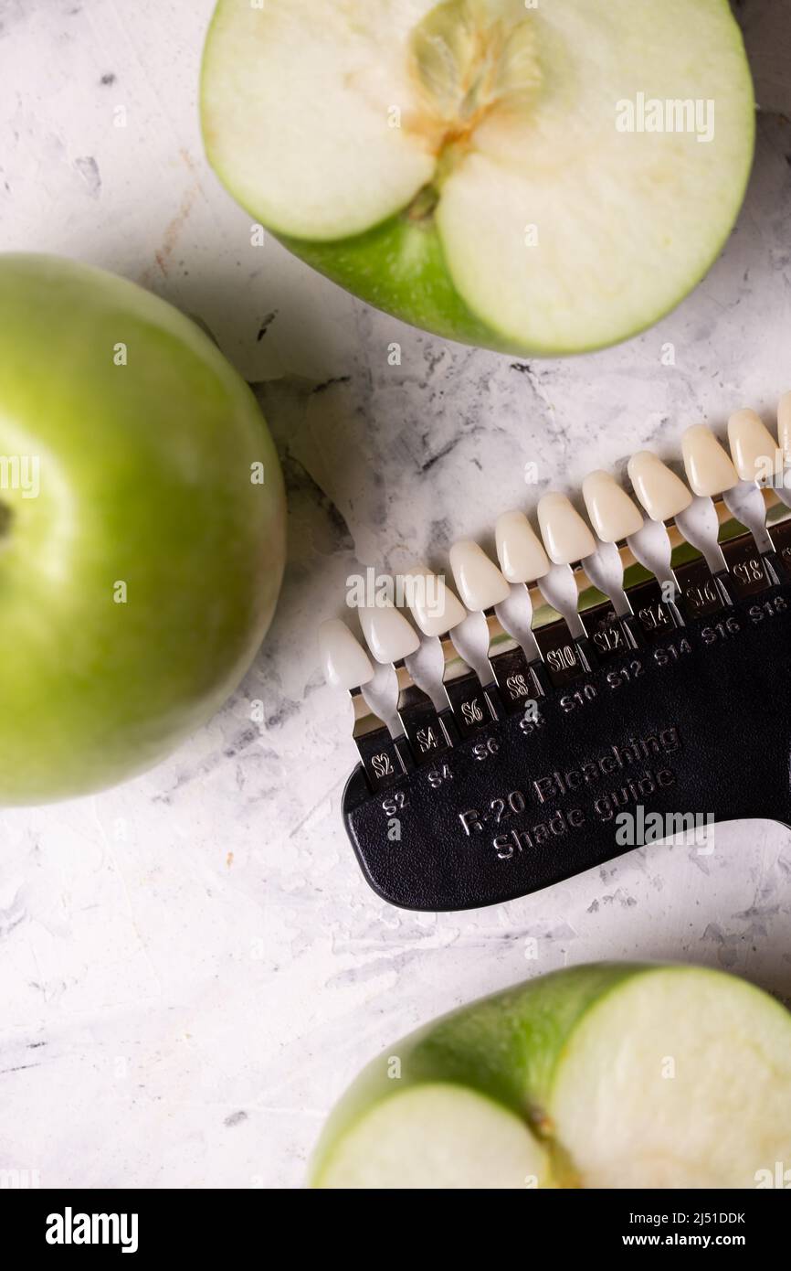 Color scale of teeth cosmetic dentistry. Scale and green apples top ...