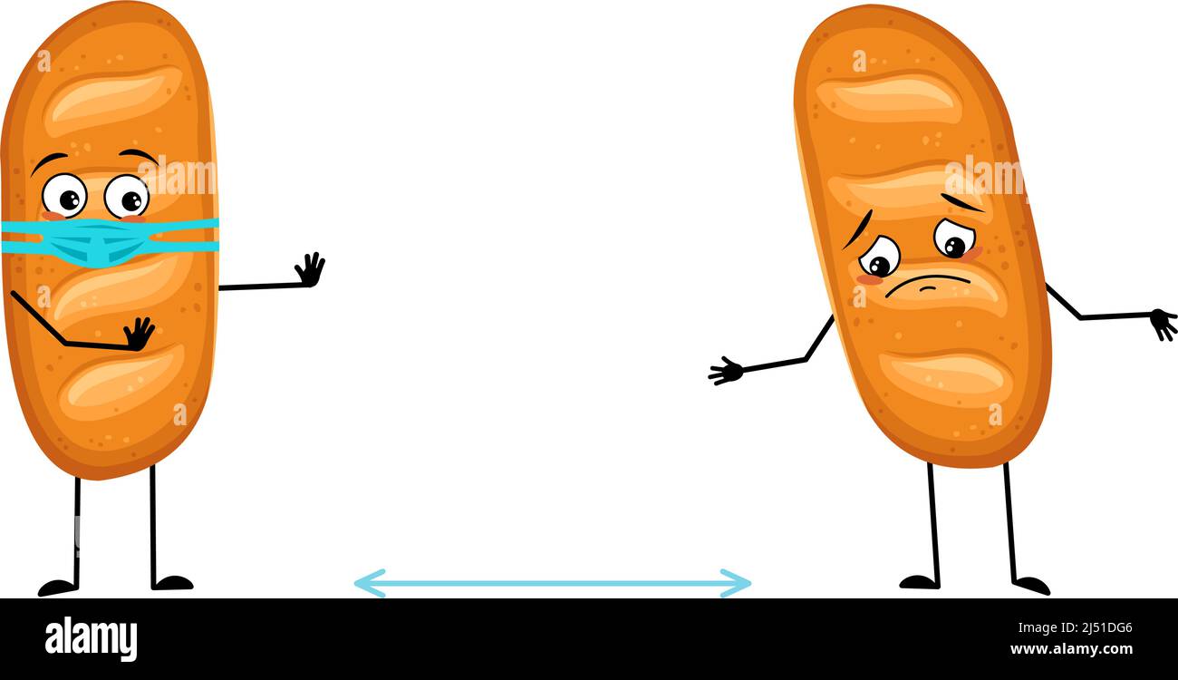 Cute loaf of bread character with sad emotions, face and mask keep ...