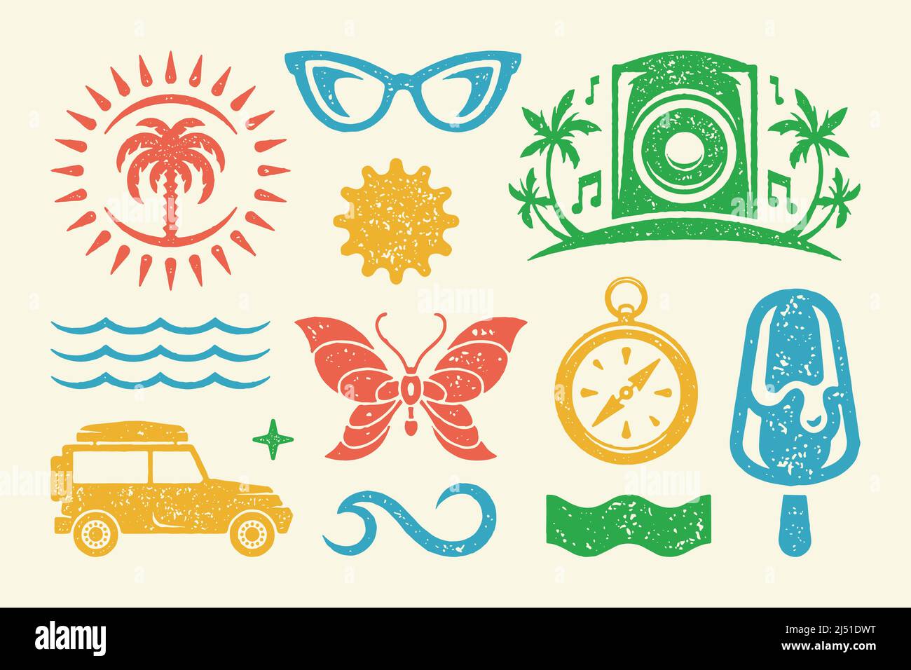 Summer symbols and objects set vector illustration. Tropical palm tree ...