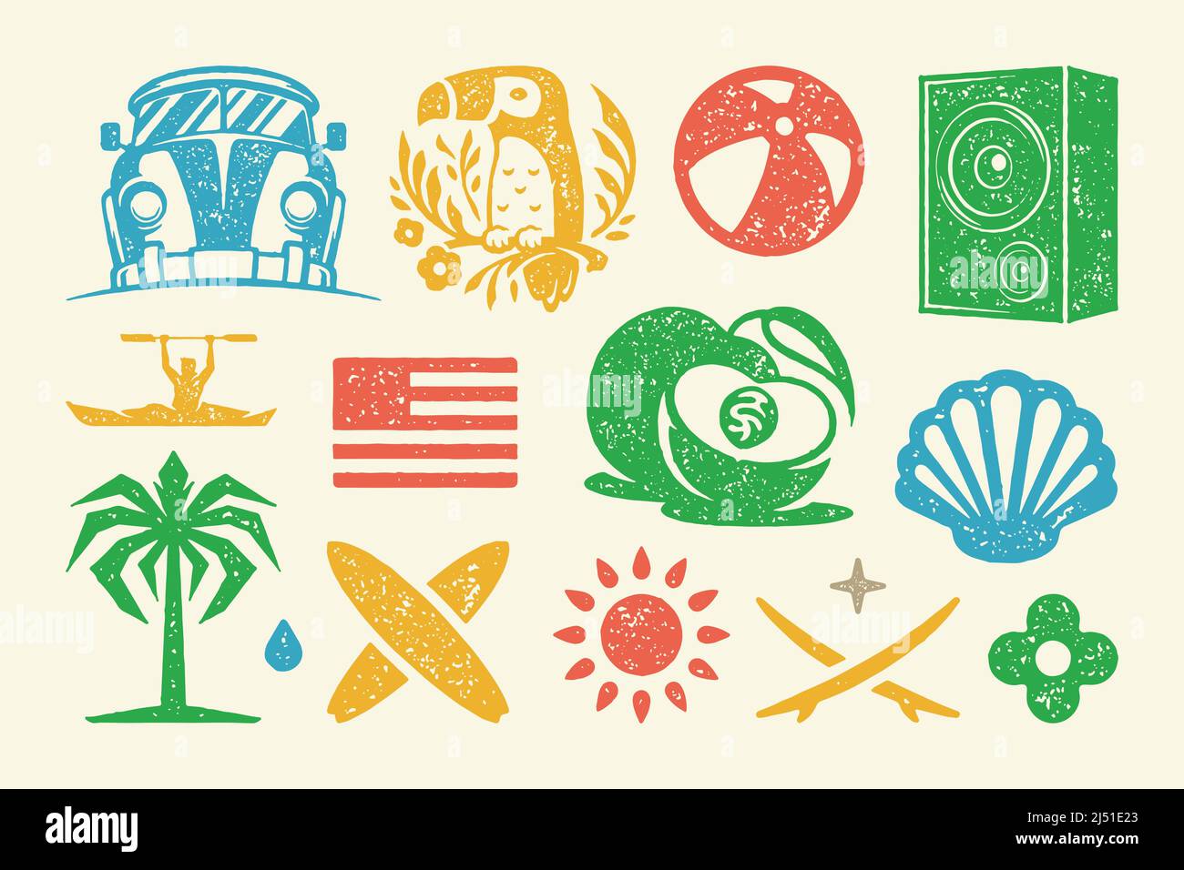 Summer symbols and objects set vector illustration. Vintage music ...