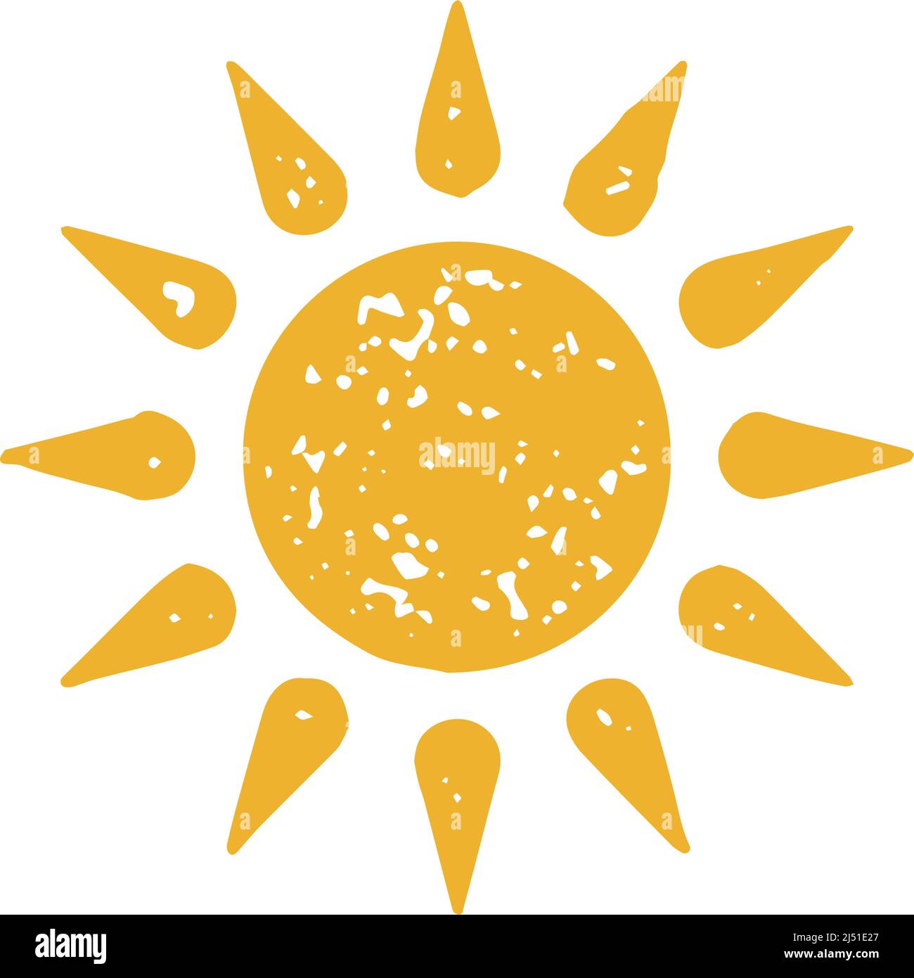 Bright yellow round sun with beams monochrome simple grunge texture ...