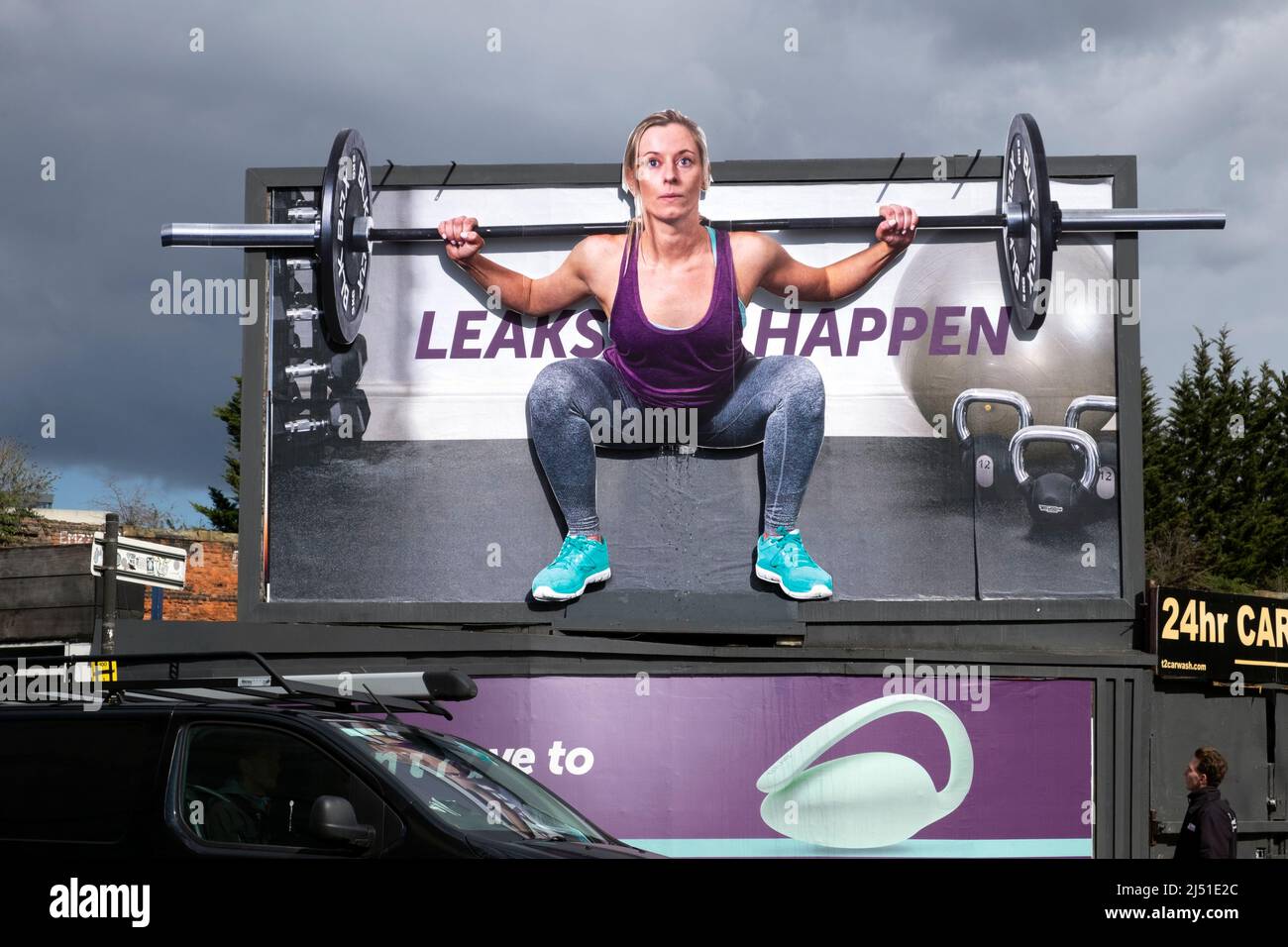 'Leaks Happen' Billboard Ad Advert Woman Weight Lifting leaking peeing ...