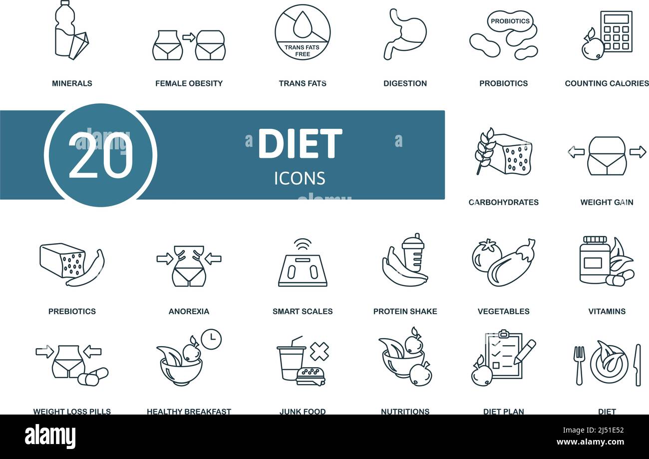 Diet set icon. Contains diet illustrations such as female obesity ...