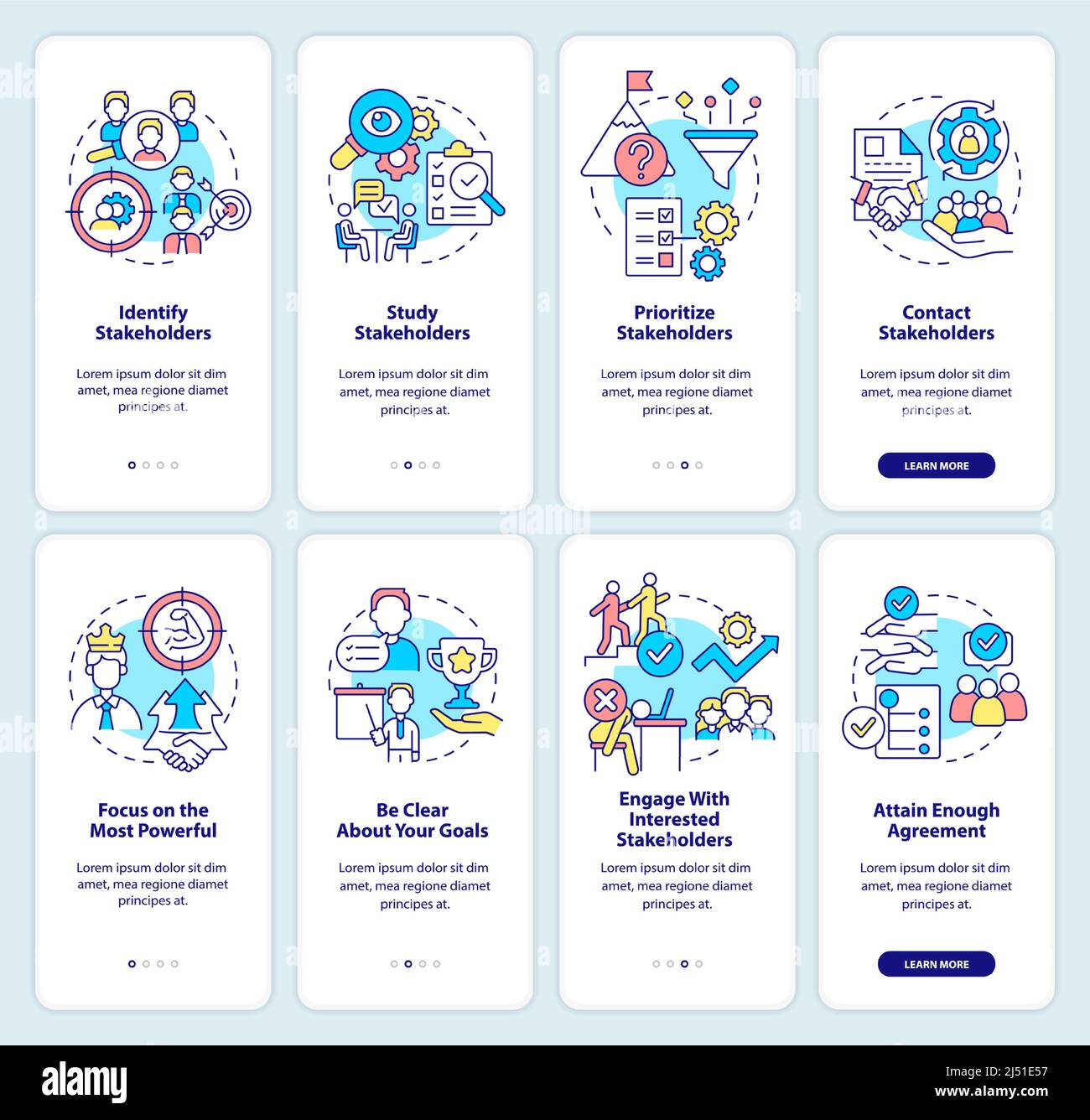 Stakeholder Management And Analysis Onboarding Mobile App Screen Set Stock Vector Image And Art