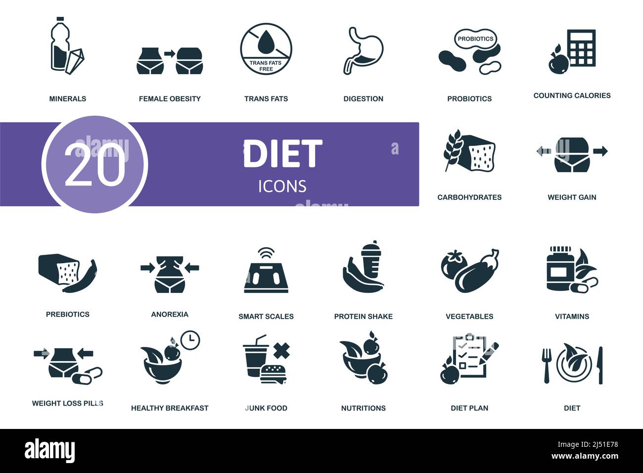 Diet set icon. Contains diet illustrations such as female obesity ...