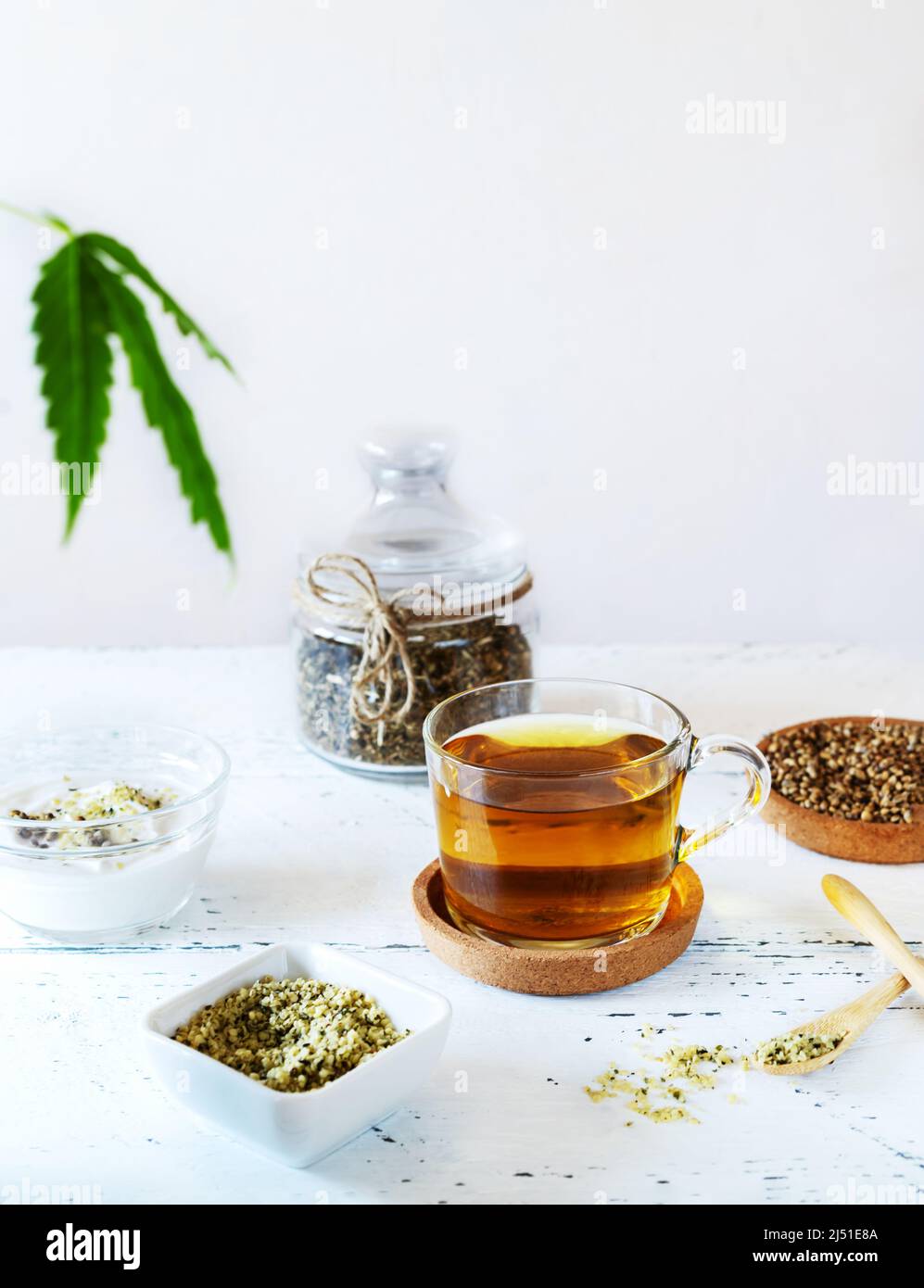 Hemp products: herb tea, seeds shelled and whole, yogurt with seeds ...