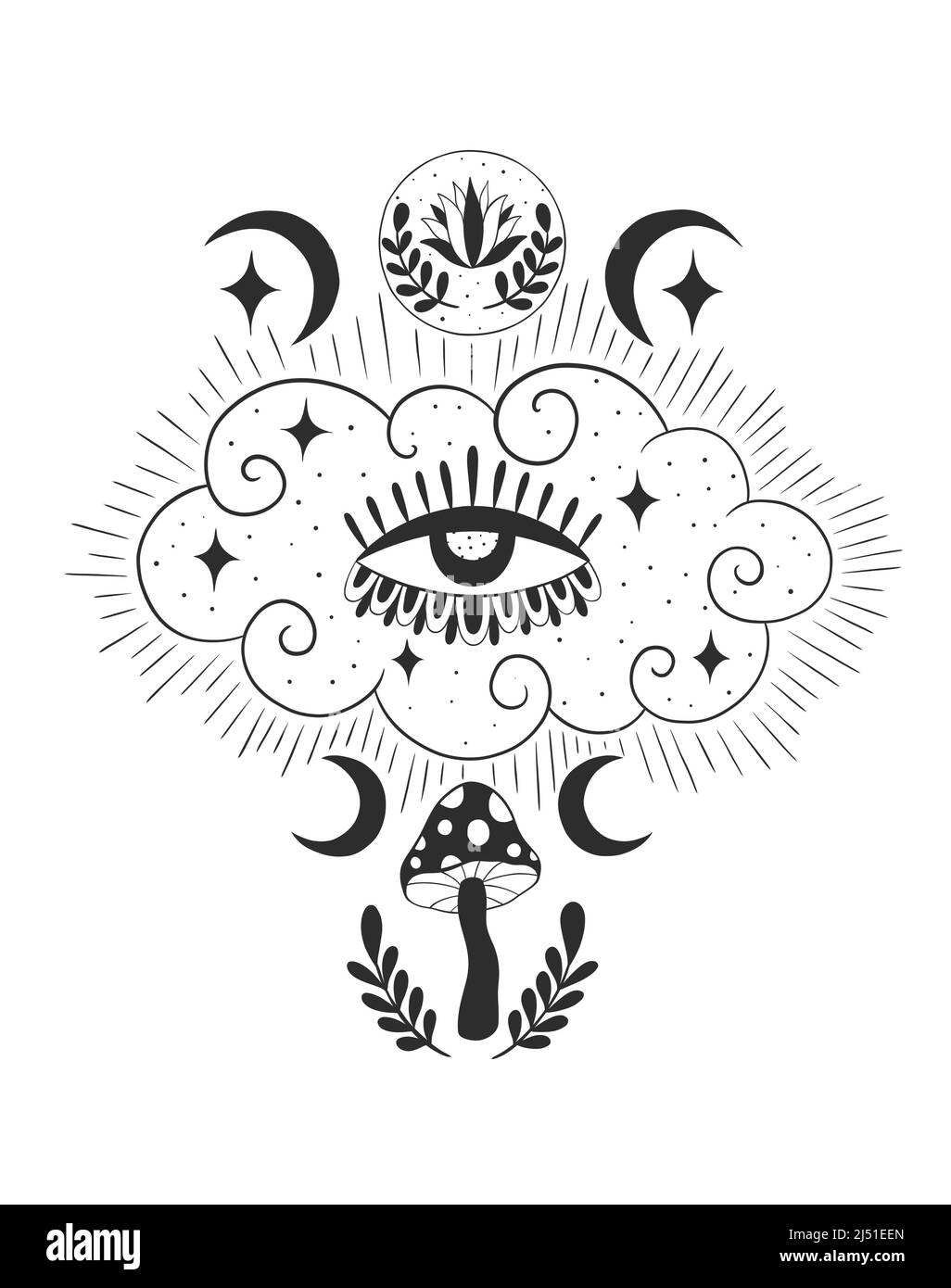 Mystic aesthetic witch mage composition print. Hand draw black color ...