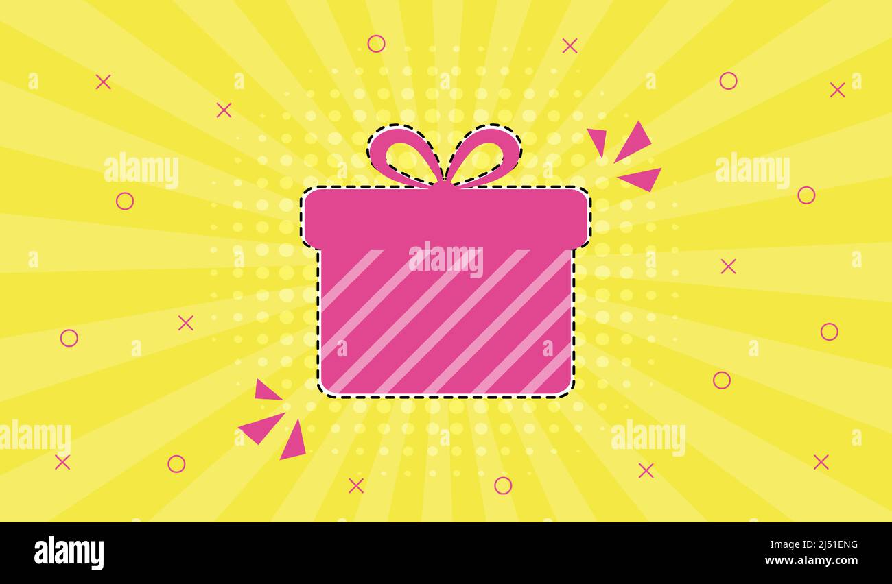 Gift box. Pink present boxes isolated on yellow background in retro ...
