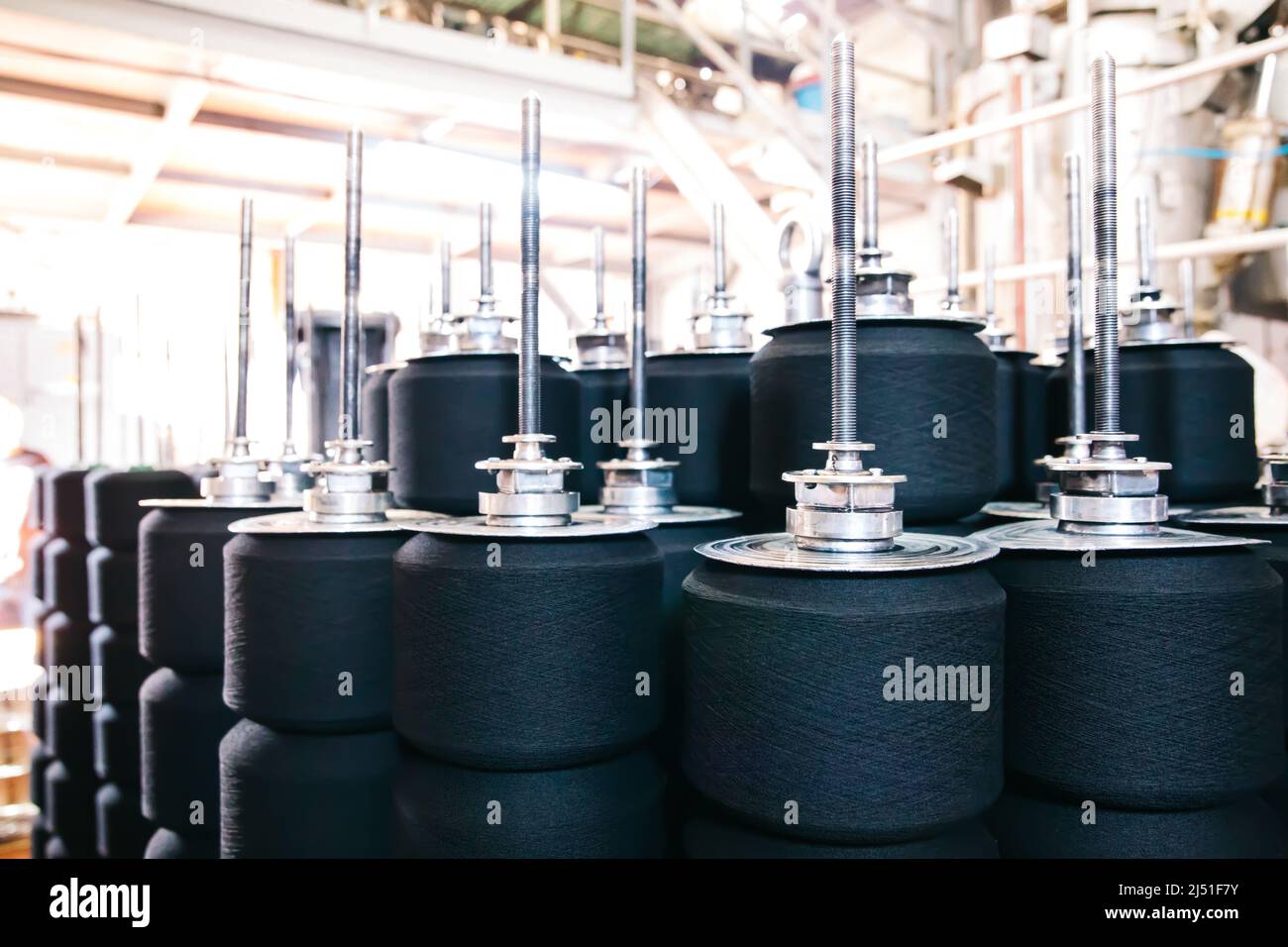 Cotton yarns or threads on spool tube bobbins at cotton yarn factory ...