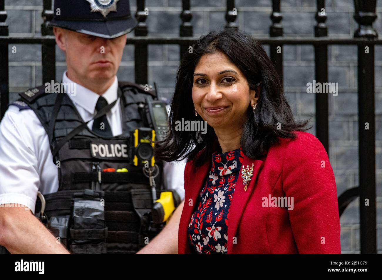 London, UK. 19th Apr, 2022. Suella Braverman, Attorney General, arrives ...