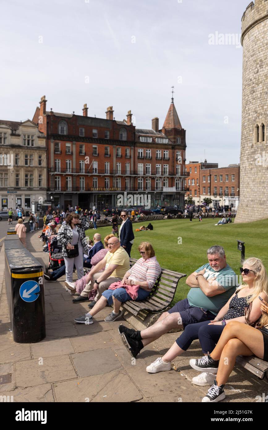 Tourists enjoy the atmosphere in Windsor on the Royal Family attend the ...