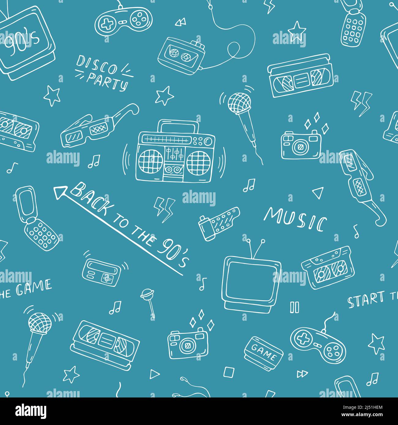 Retro doodles pattern. Back to 90s seamless background. Trendy vector ...