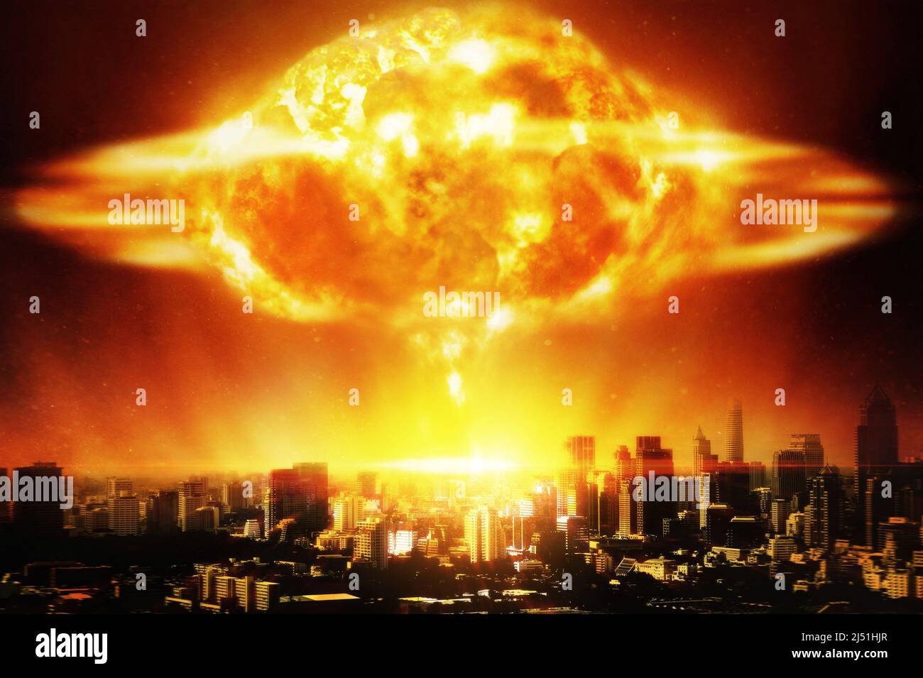 Photo composite. Huge nuclear explosion over a modern city. Concepts of ...