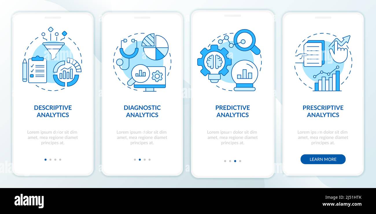 Types of business data analysis blue onboarding mobile app screen Stock ...