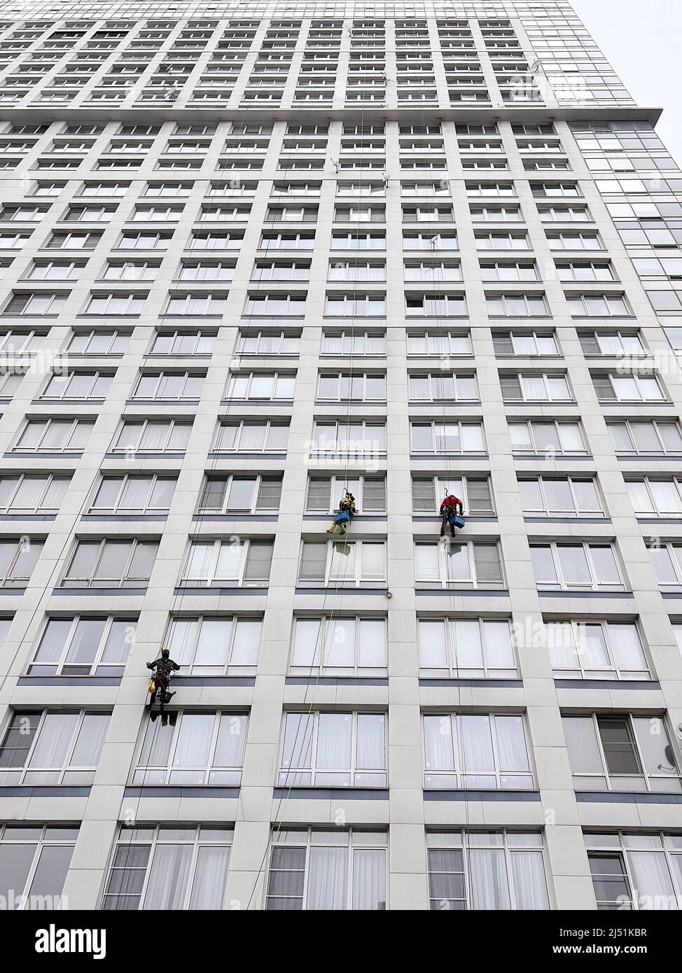 Industrial climbers wash windows on tall residential building. Working ...