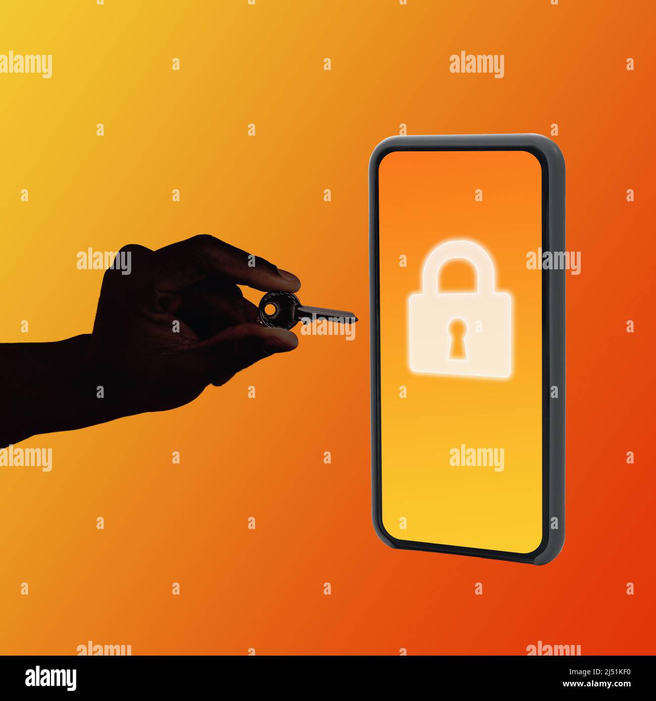 Hand Holding Key Near Smartphone With Lock Icon, Orange Background ...