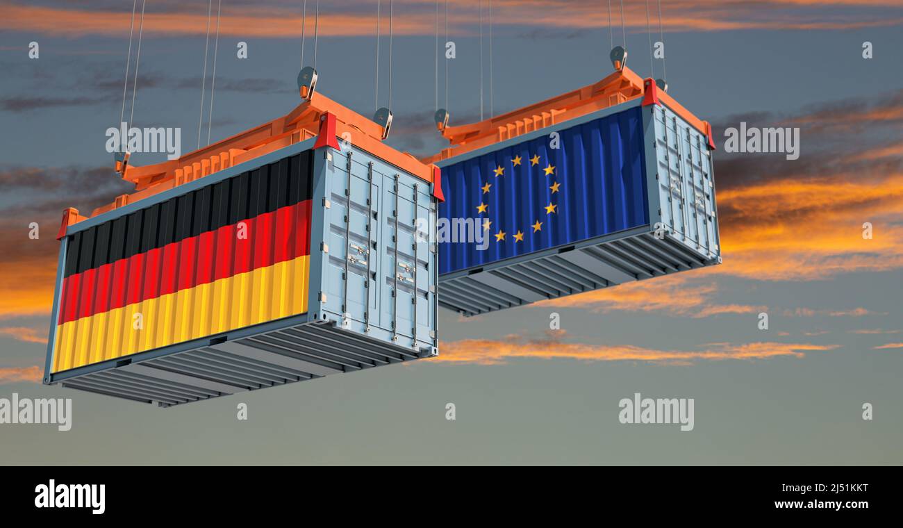 Cargo containers with European Union and German national flags. 3D ...